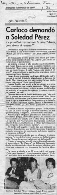 BND Visor : Carloco demandó a Soledad Pérez [artículo].