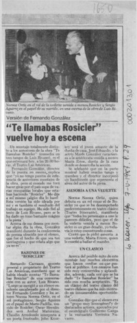 BND Visor : "Te llamabas Rosicler" vuelve hoy a escena [artículo].