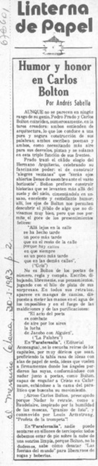 BND Visor : Humor y honor en Carlos Bolton [artículo] Andrés Sabella.